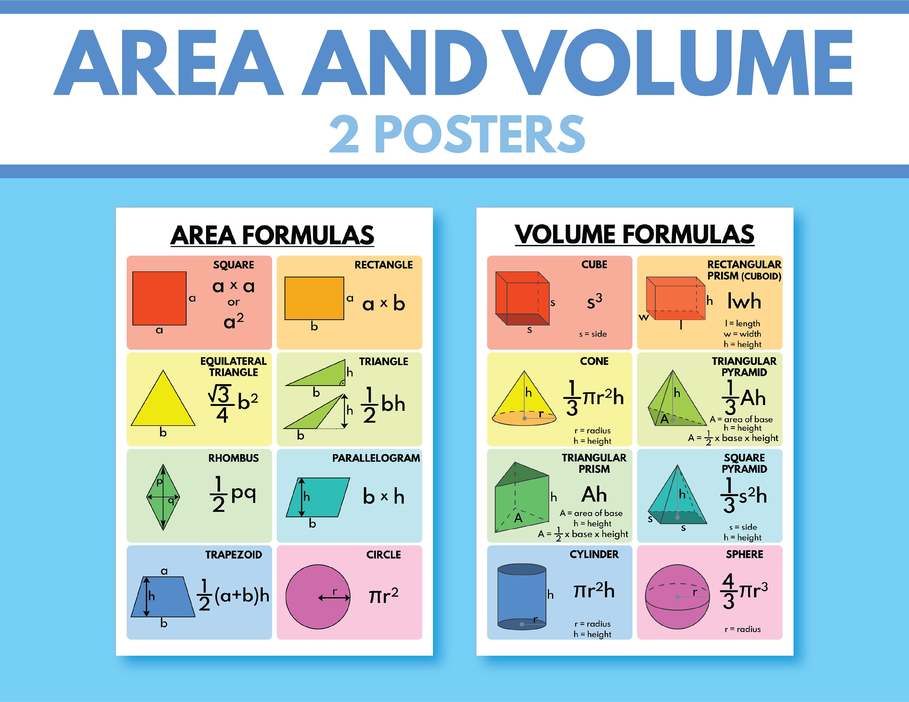 AREA VOLUME FORMULAS Set Of 2 Posters Geometry Etsy AREA VOLUME FORMULAS Set Of 2 Posters Geometry Etsy