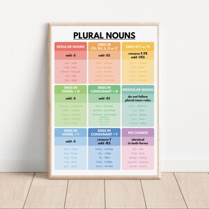 PLURAL NOUNS POSTER, Grammar Chart for Homeschool, Classroom Wall Decor ...