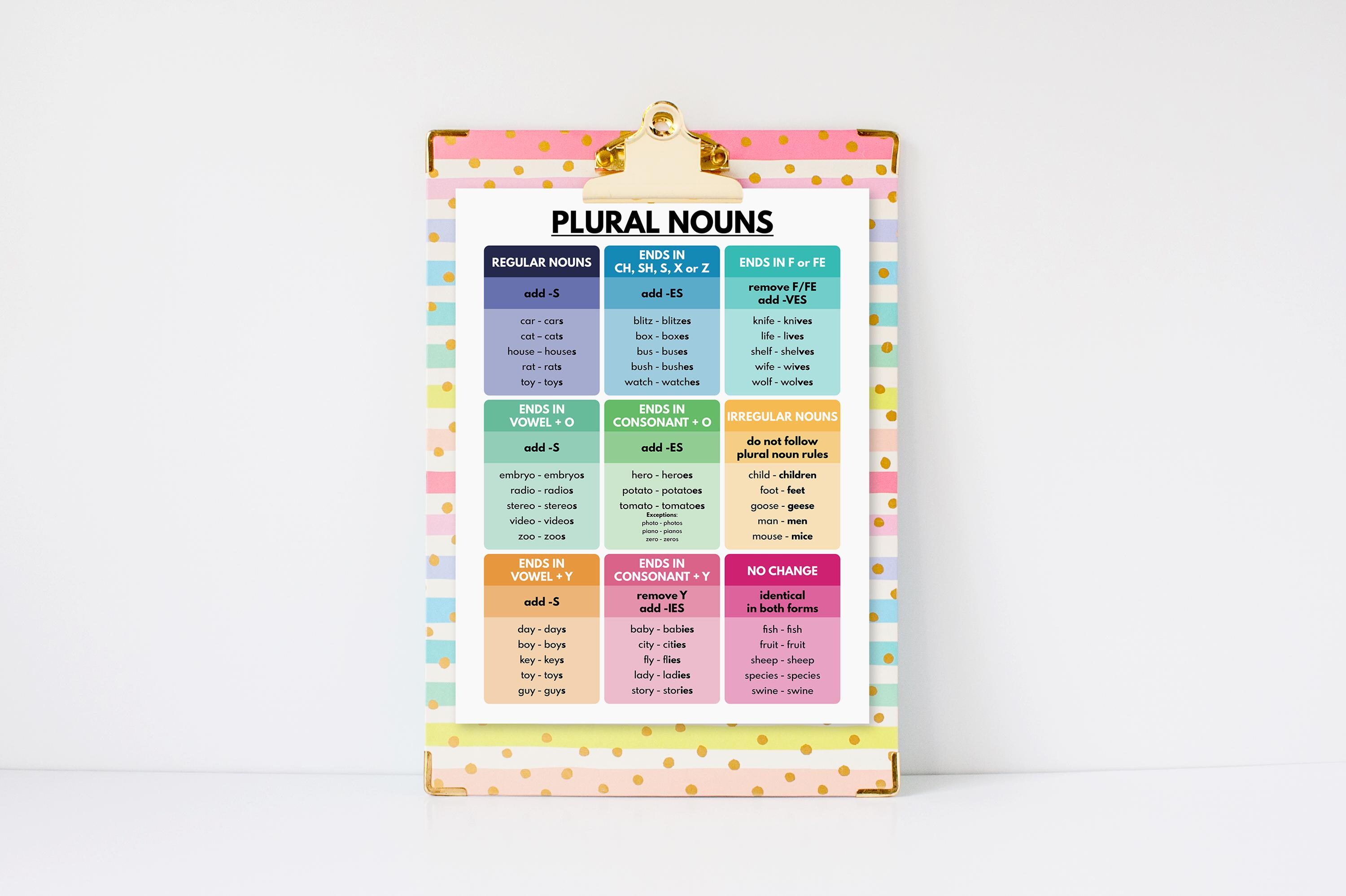 PLURAL NOUNS POSTER, Grammar Chart for Homeschool, Classroom Wall Decor ...