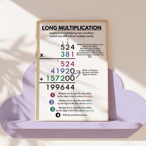 LONG MULTIPLICATION Poster, Educational Poster for Kids, Rainbow Colors ...