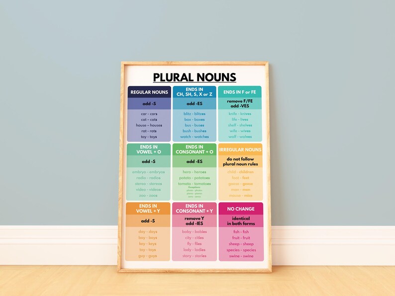 Buy PLURAL NOUNS POSTER, Grammar Anchor Chart for Homeschool, Classroom ...