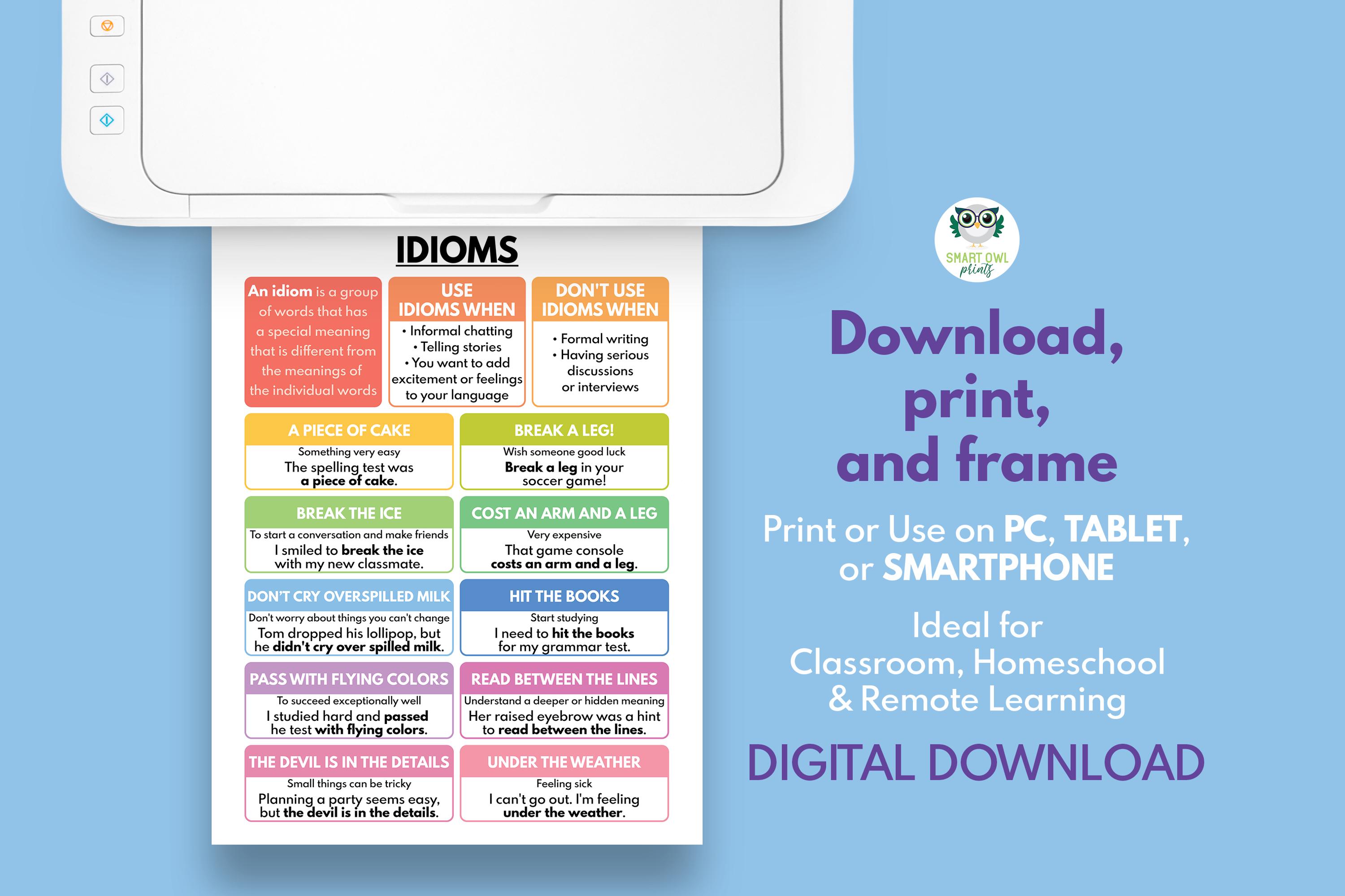 IDIOMS POSTER, English Language, Learn English, Homeschool, English ...