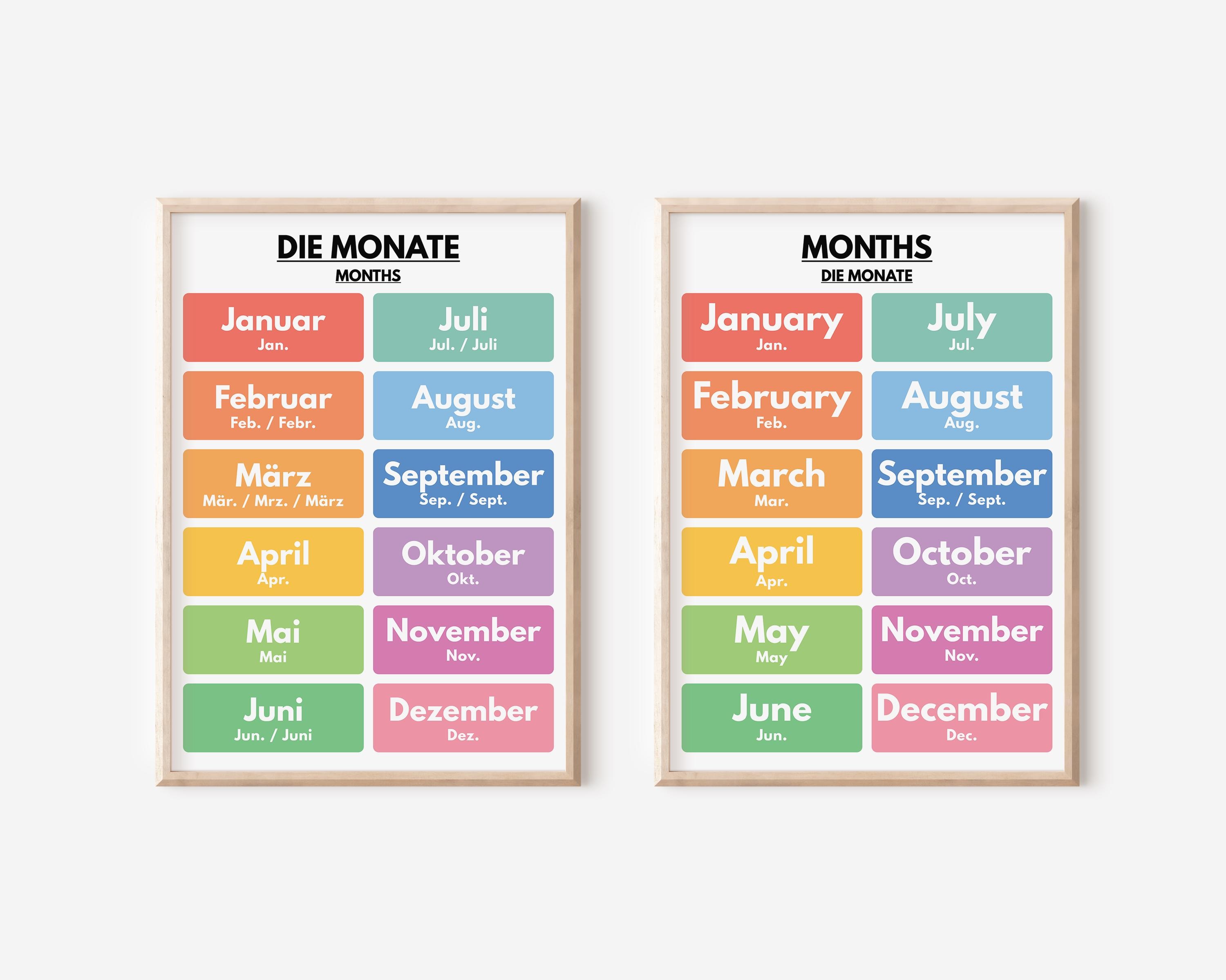 German Language, MONTHS of THE YEAR in German, 2 Posters Set, German ...