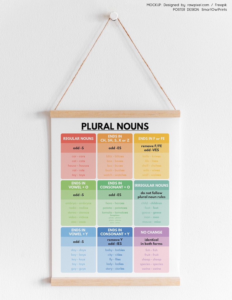 PLURAL NOUNS POSTER Grammar Rules Chart for Homeschool - Etsy Australia