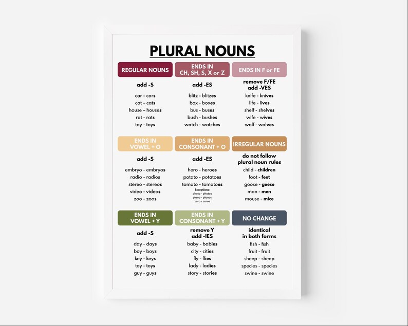 Plural Nouns Grammar Poster: Homeschool Classroom Decor (digital ...