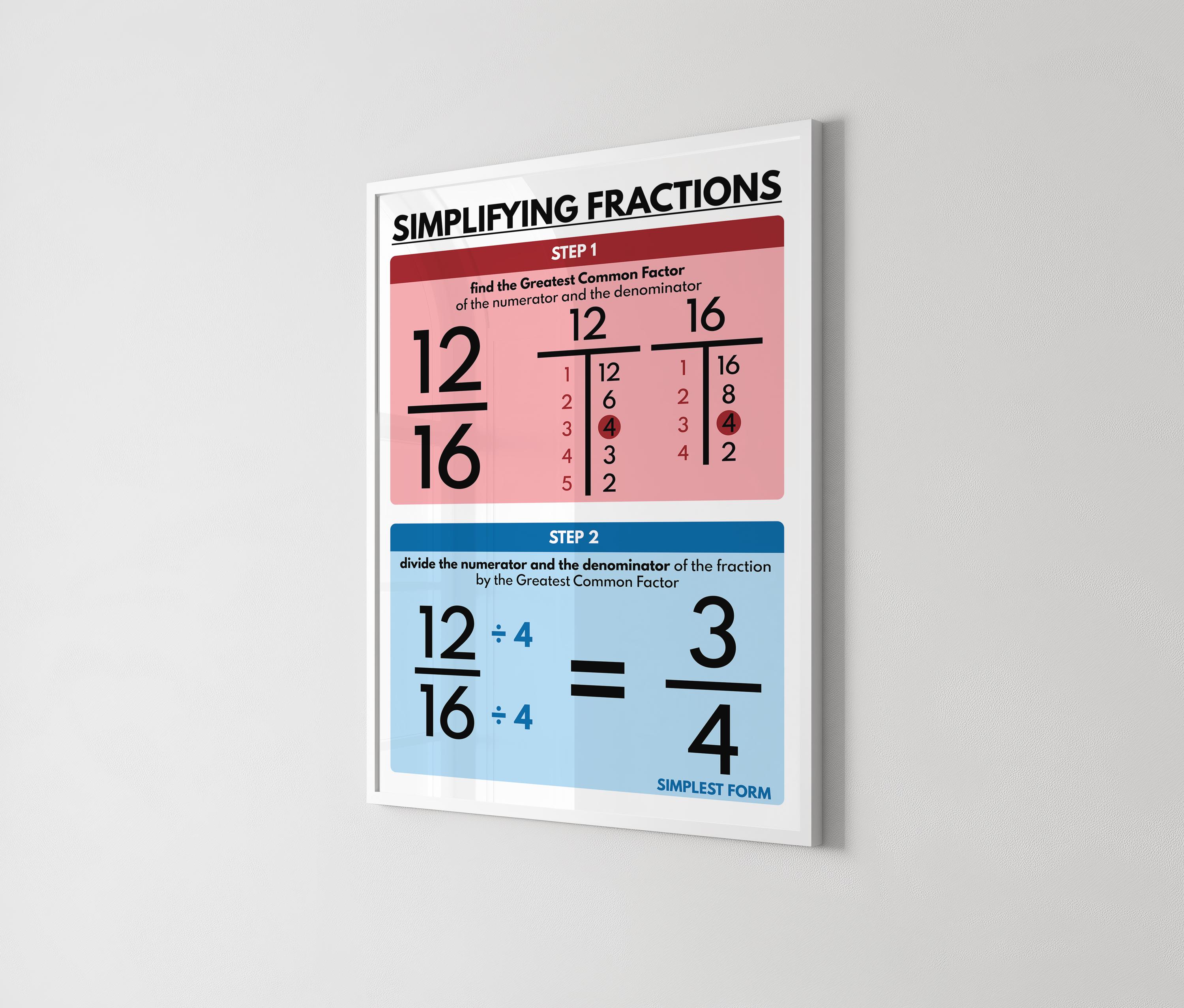 REDUCING FRACTIONS POSTER, Simplifying Fractions, Educational Posters ...