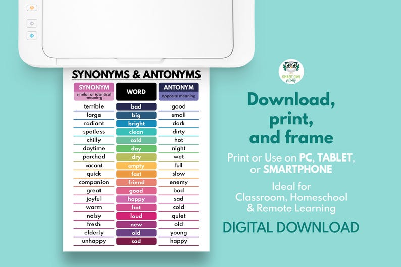 SYNONYMS & ANTONYMS POSTER, Vocabulary Chart, Homeschool, English ...