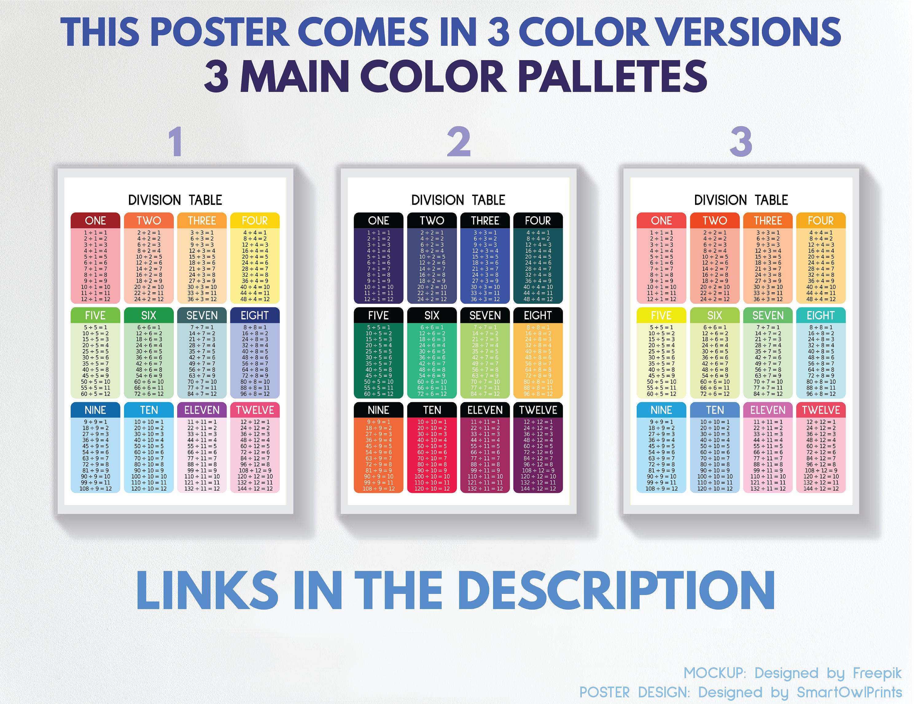 Rainbow DIVISION TABLE POSTER 1-12 Educational Math Print - Etsy