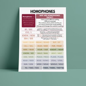 HOMOPHONES POSTER, English Language, Grammar Chart, Correct Spelling ...