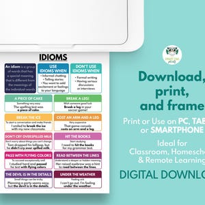 IDIOMS POSTER, English Language, Learn English, Homeschool, English ...