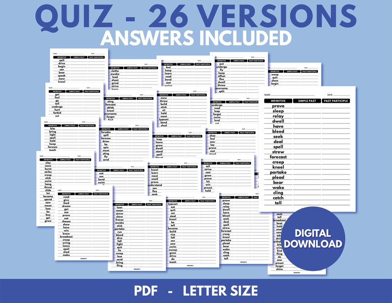 LOT VERBES IRRÉGULIERS - 26 feuilles de travail de test + réponses ...