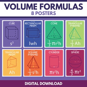 VOLUME FORMULAS Set of 8 Posters, 3D Geometry, 3D Shapes, Educational ...