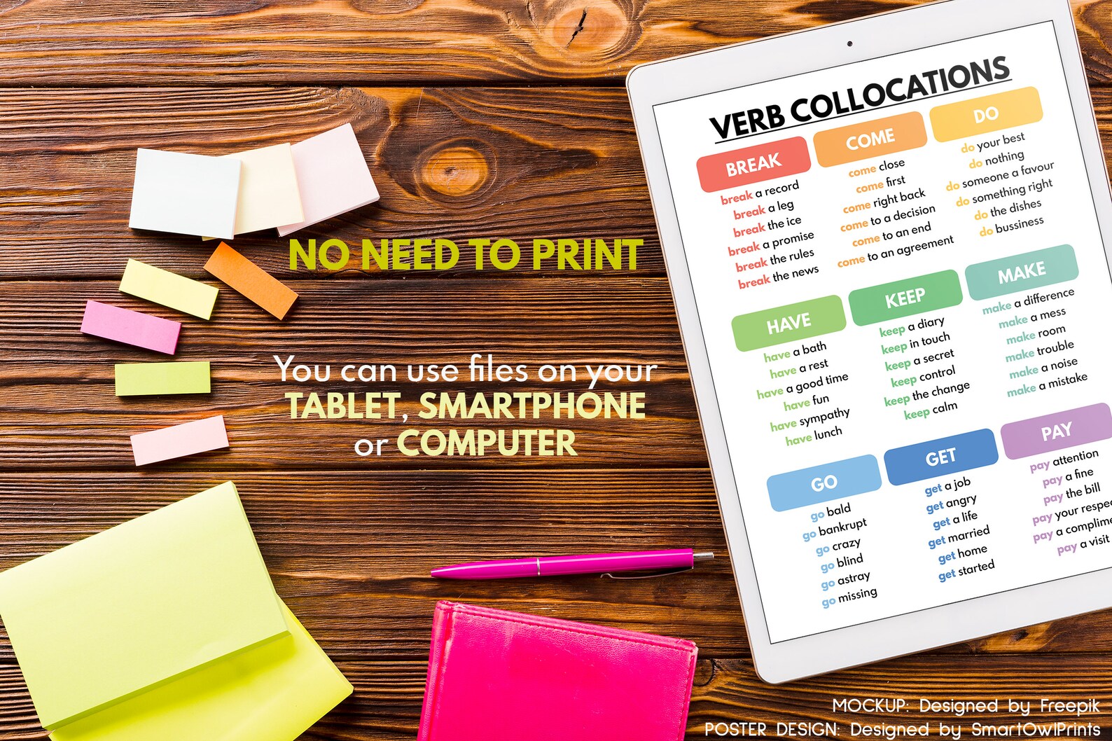 VERB COLLOCATIONS, Grammar Chart for Homeschool, Classroom Poster ...