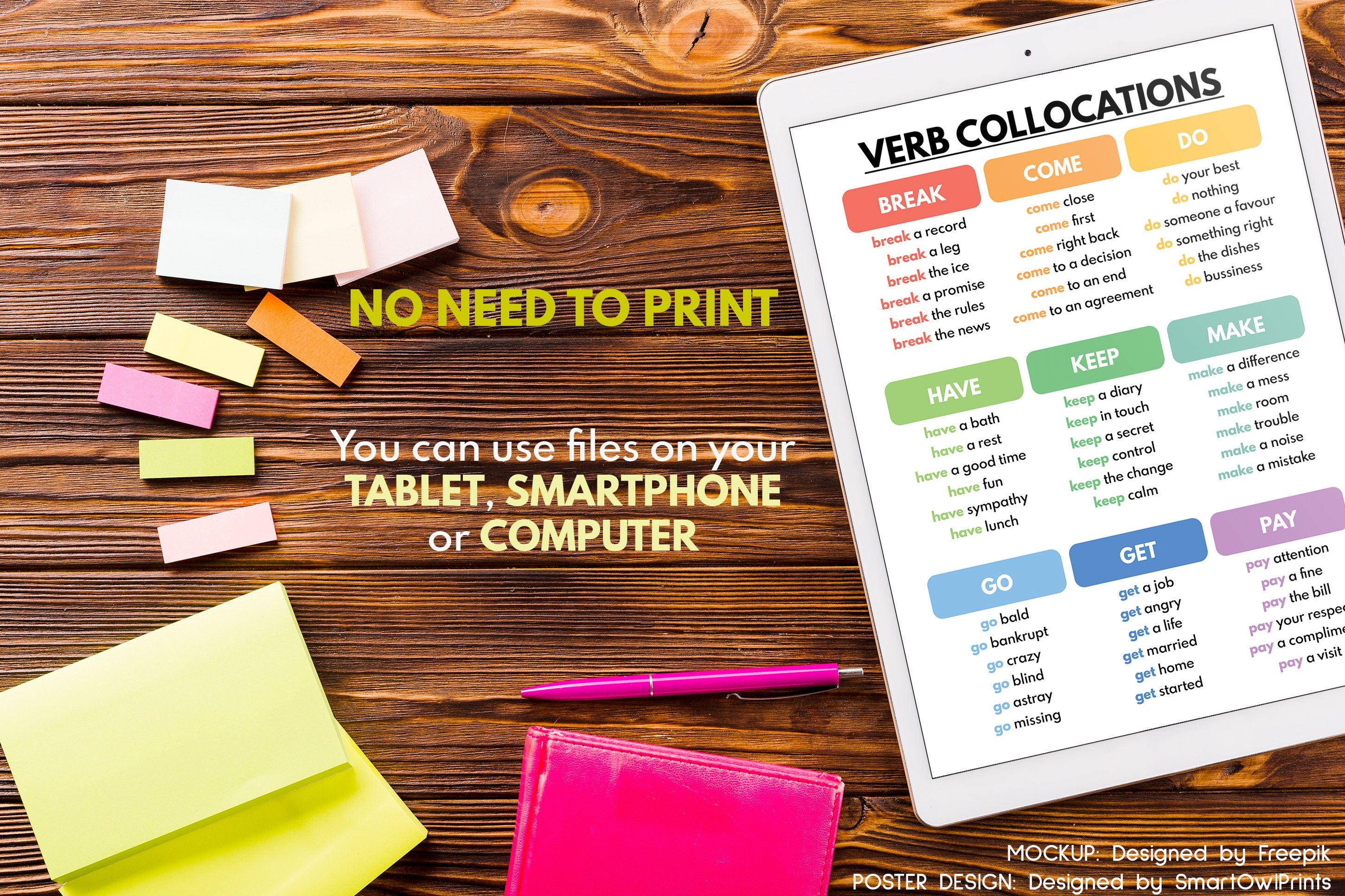 VERB COLLOCATIONS, Grammar Chart for Homeschool, Classroom Poster ...
