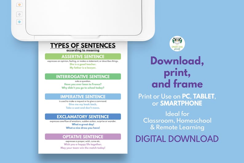 Types of Sentences Chart, English Grammar Poster, Educational Print ...