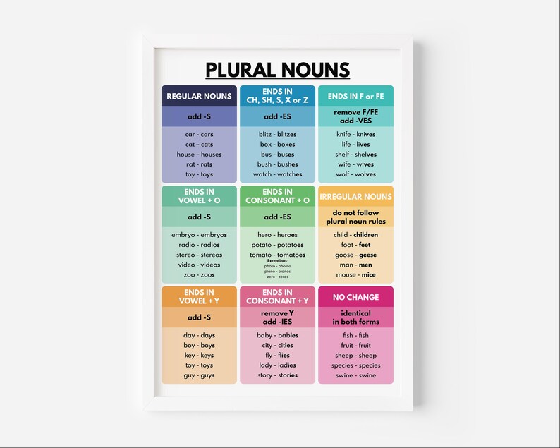 PLURAL NOUNS POSTER, Grammar Chart for Homeschool, Classroom Wall Decor ...