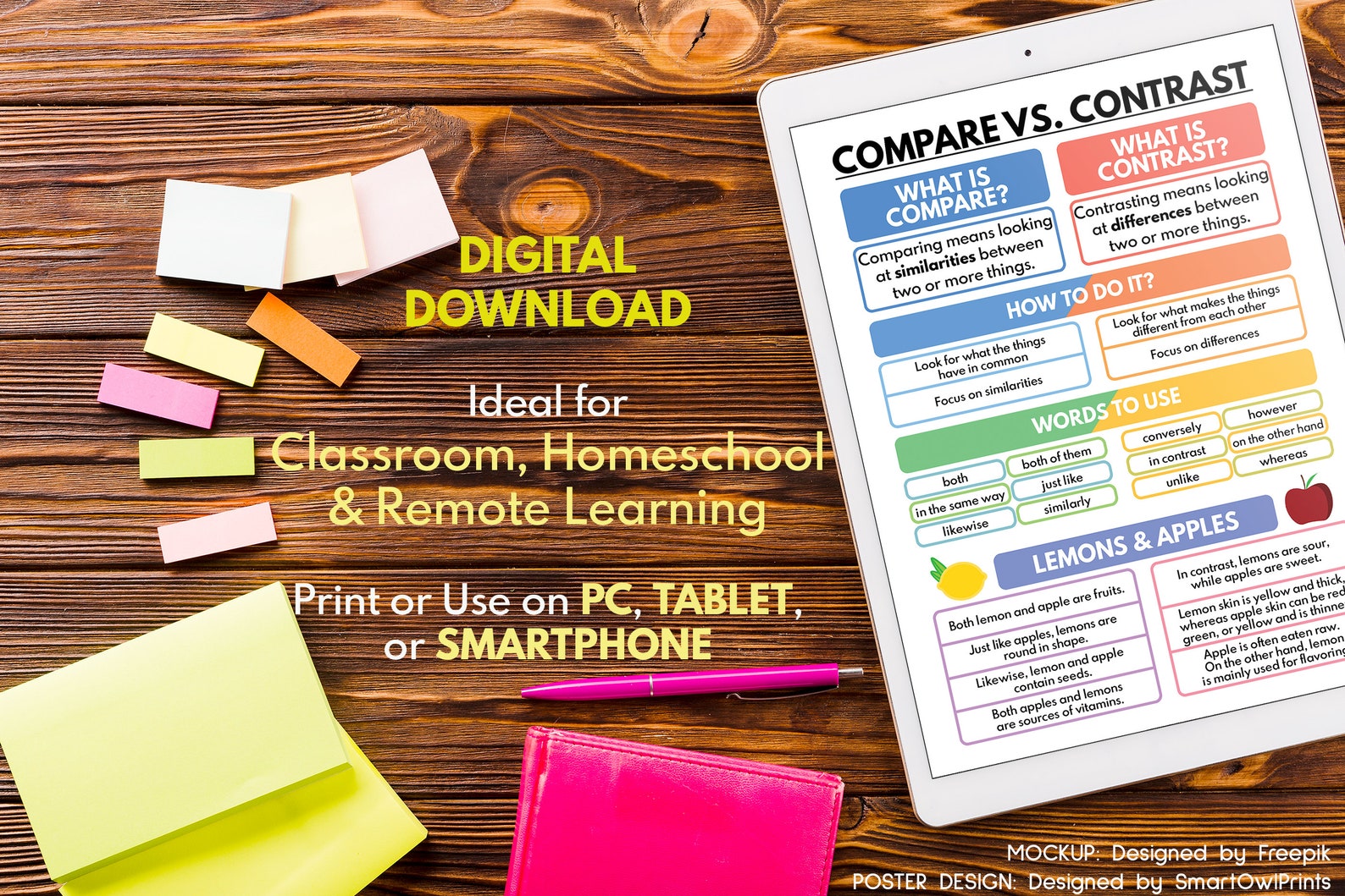 COMPARE and CONTRAST POSTER, Guide for Teachers, Homeschool, Analyzing ...