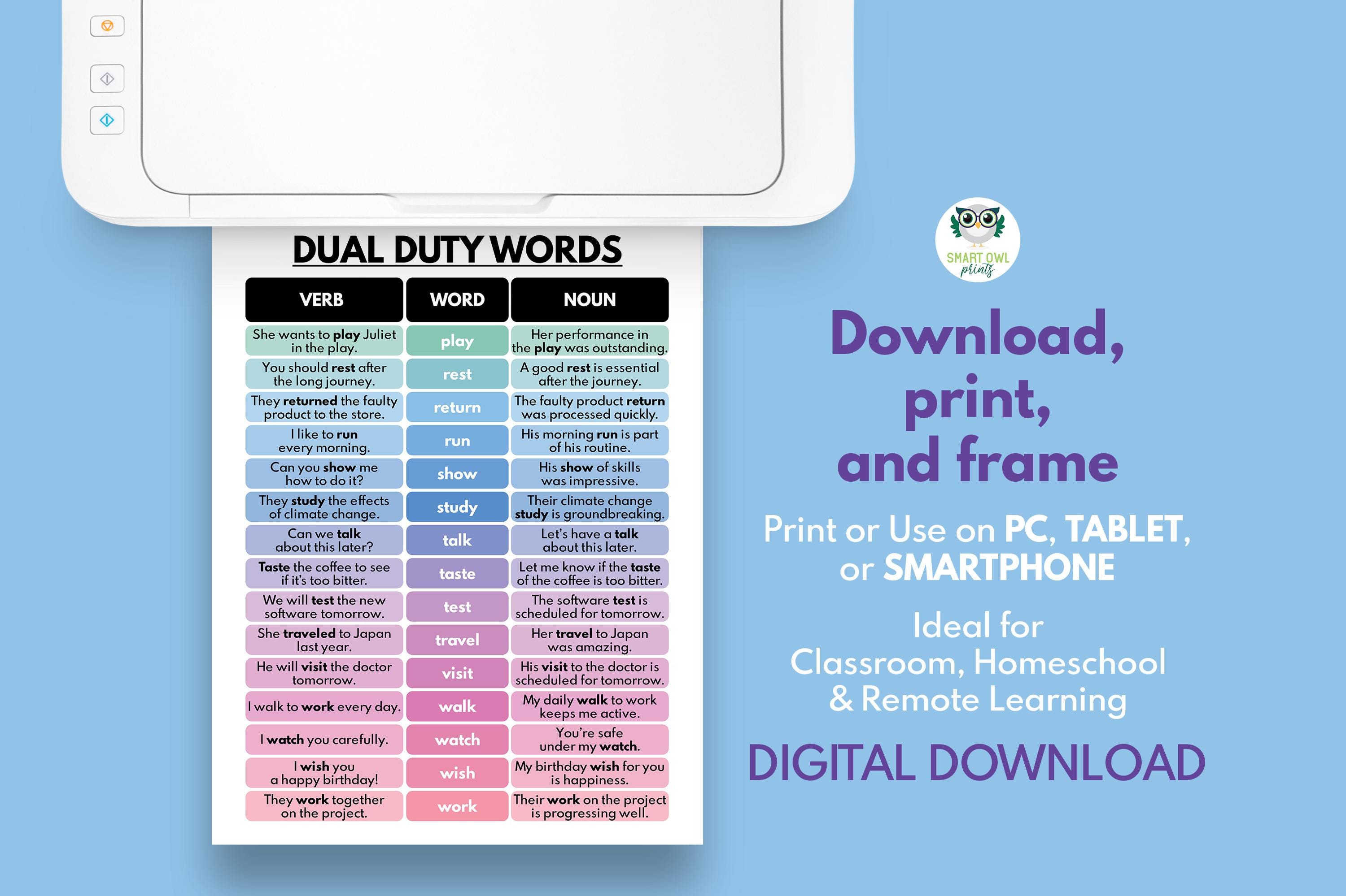 DUAL DUTY WORDS Poster, Verbs and Nouns Poster Set: English Grammar ...