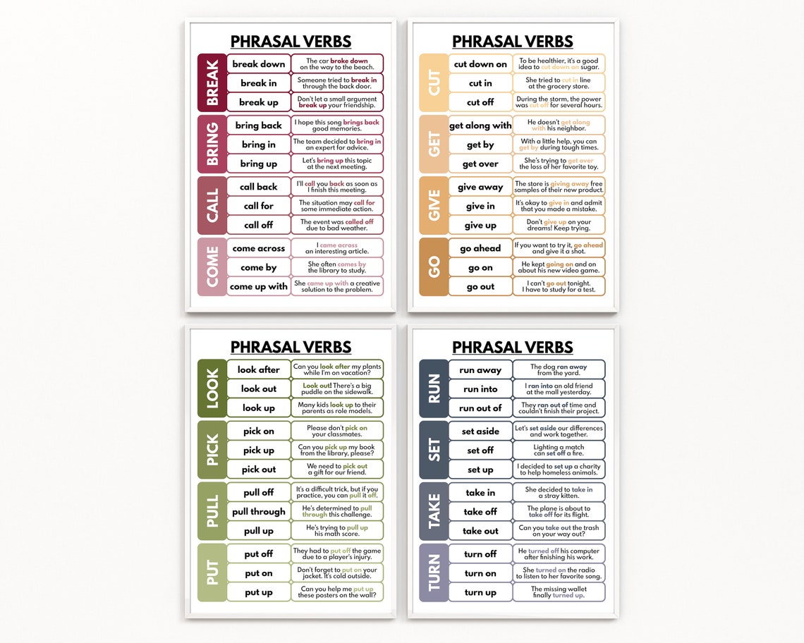 PHRASAL VERBS Set of 4 Posters, Learn English Vocabulary, Grammar Chart ...