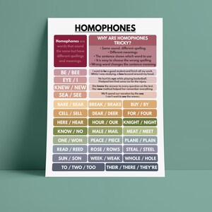 HOMOPHONES POSTER, English Language, Grammar Chart, Correct Spelling ...