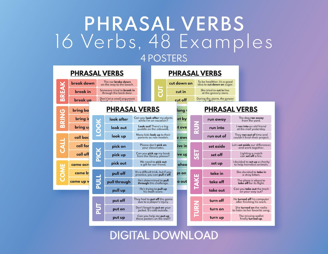 PHRASAL VERBS - Set of 4 Posters, 16 Verbs and 42 Examples, Vocabulary ...