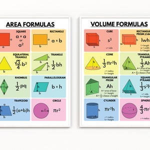 AREA & VOLUME FORMULAS - Set of 2 Posters, Geometry Educational Poster ...