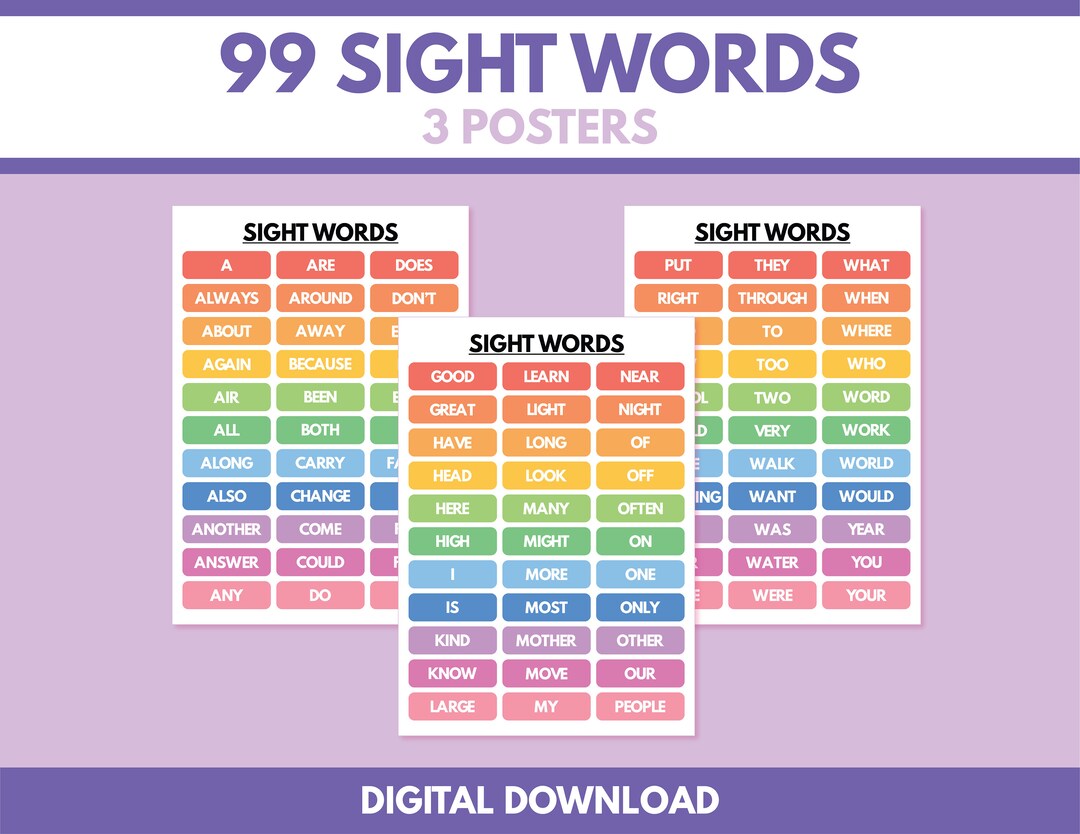 SIGHT WORDS- Set of 3 Posters, 99 Words, Reading Skills, English ...