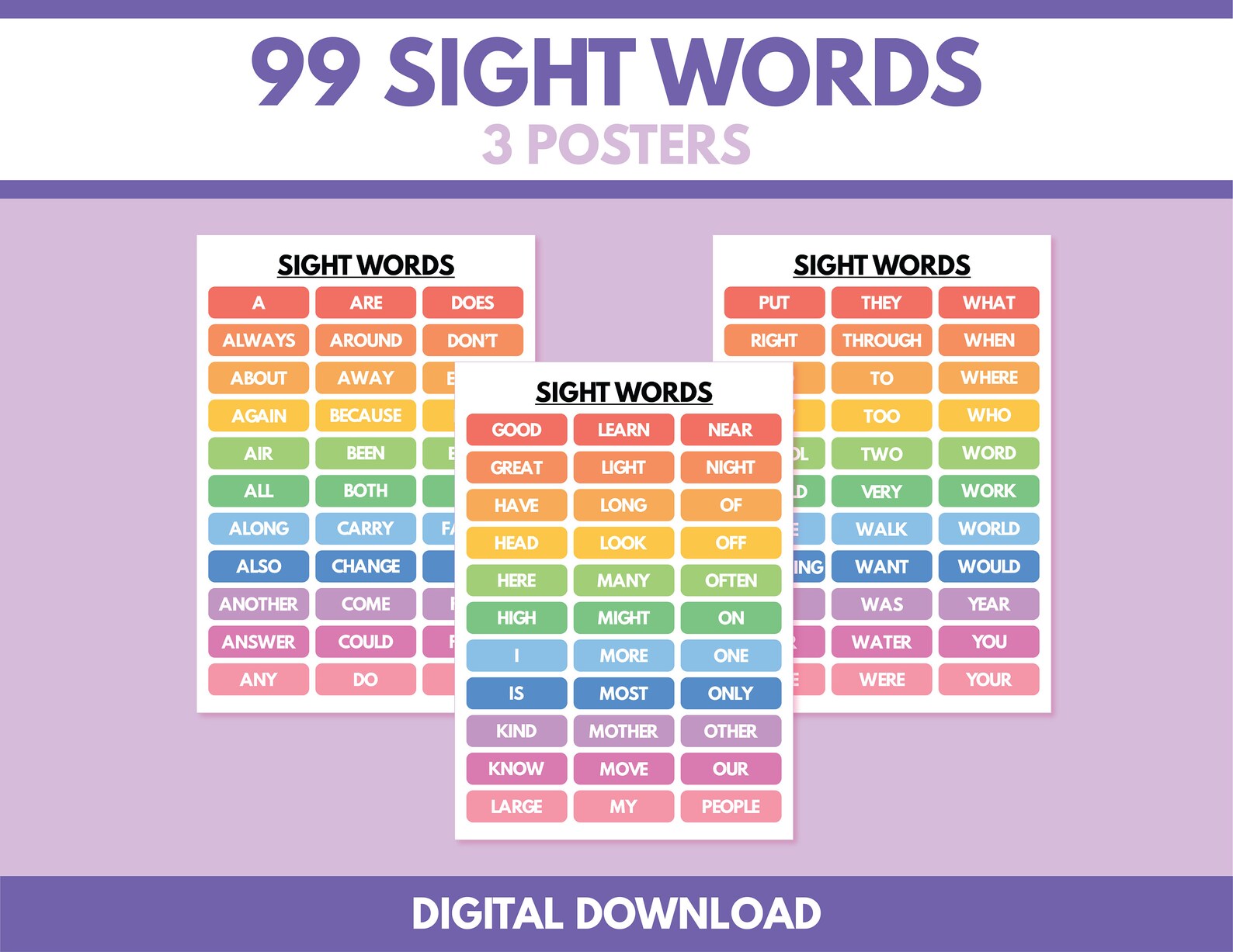SIGHT WORDS Set of 3 Posters 99 Words Reading Skills - Etsy