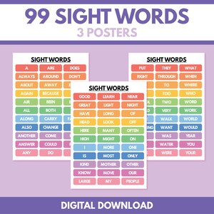 SIGHT WORDS- Set of 3 Posters, 99 Words, Reading Skills, English ...