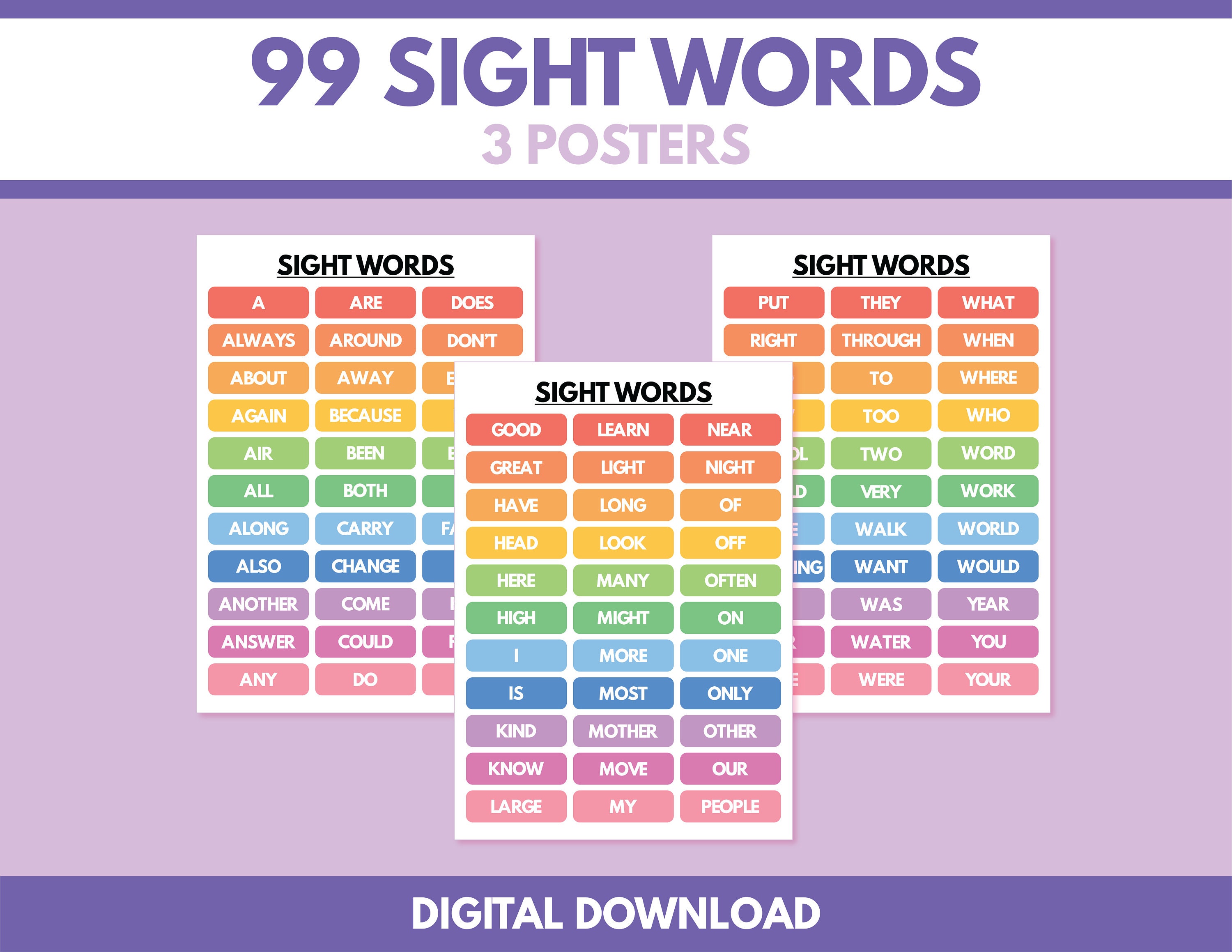 SIGHT WORDS Set of 3 Posters 99 Words Reading Skills - Etsy