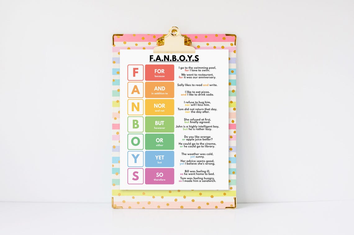 FANBOYS - CONJUNCTIONS POSTER, Parts of Speech, English Grammar ...