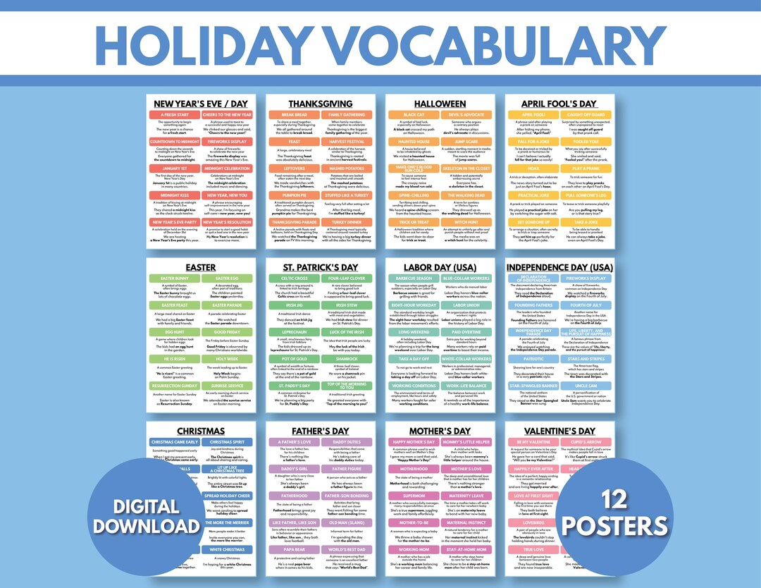 HOLIDAY VOCABULARY Set of 12 Posters, English Phrases and Idioms ...
