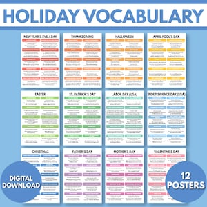 HOLIDAY VOCABULARY Set of 12 Posters, English Phrases and Idioms ...