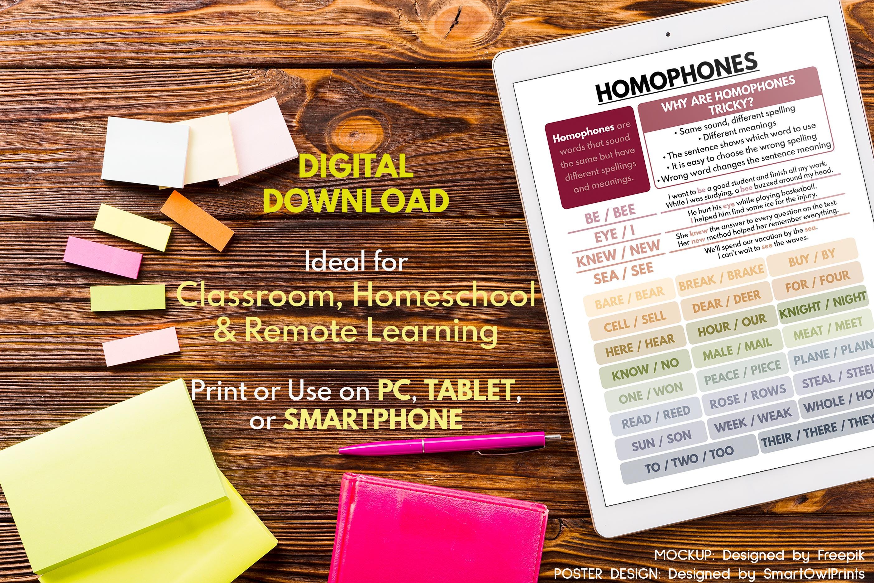 HOMOPHONES POSTER, English Language, Grammar Chart, Correct Spelling ...