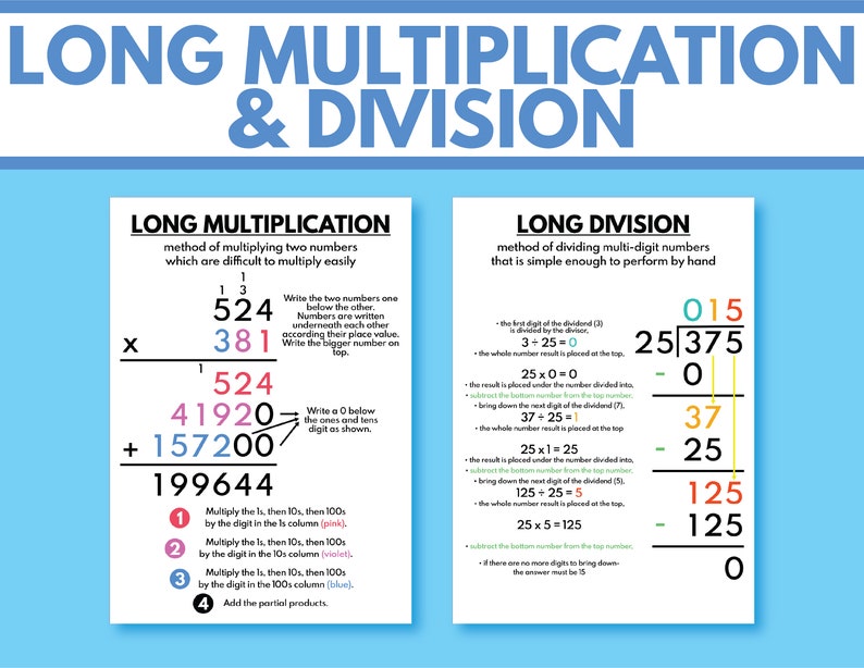 LONG MULTIPLICATION and DIVISION Posters Educational Posters - Etsy