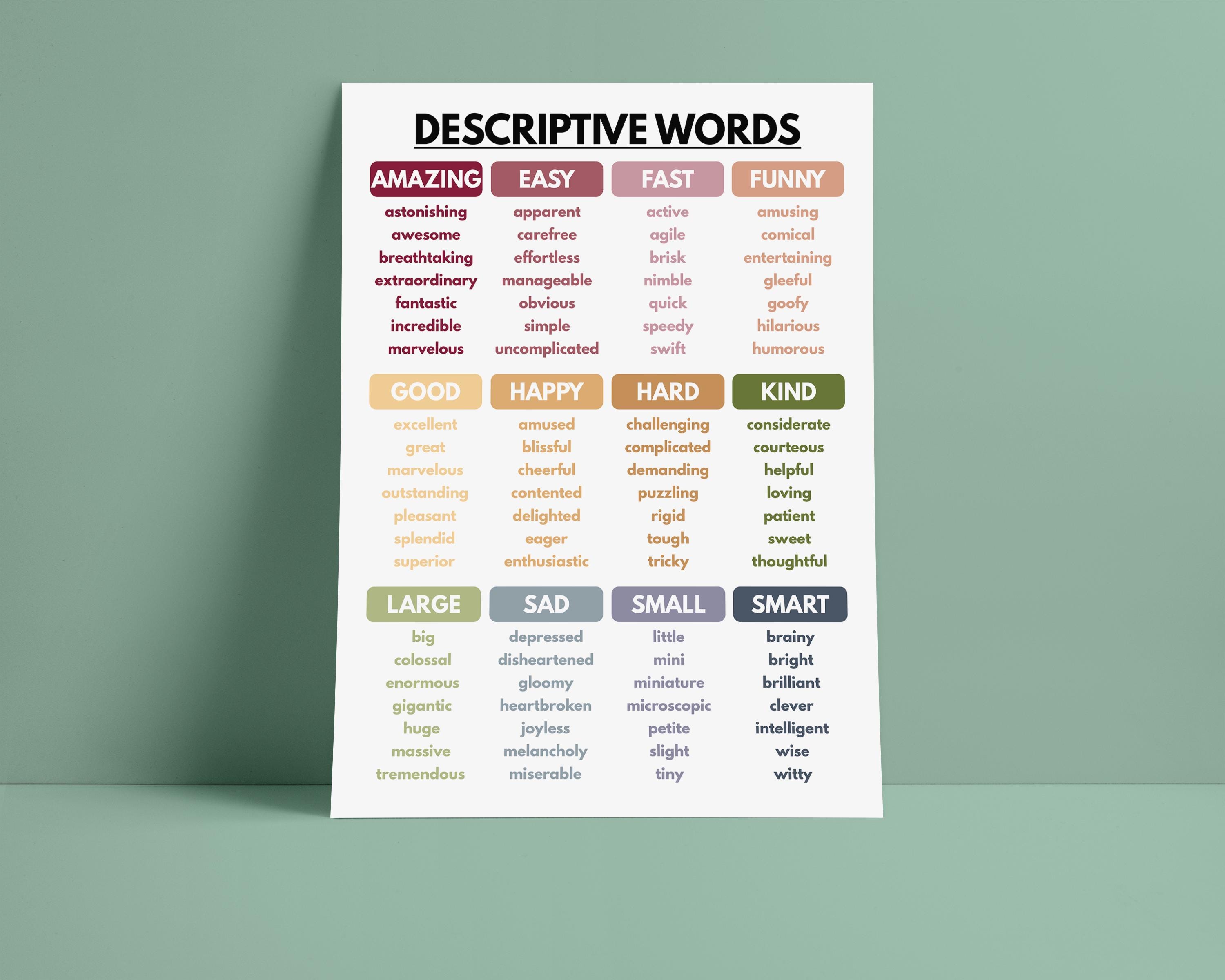 DESCRIPTIVE WORDS POSTER, Grammar Chart for Homeschool, English ...