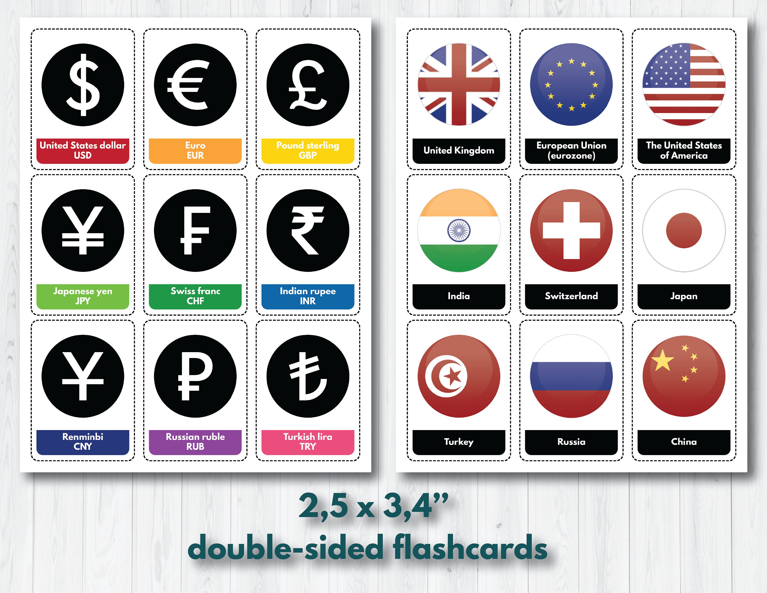 Two-sided CURRENCY SYMBOLS FLASHCARDS for Kids Currency - Etsy