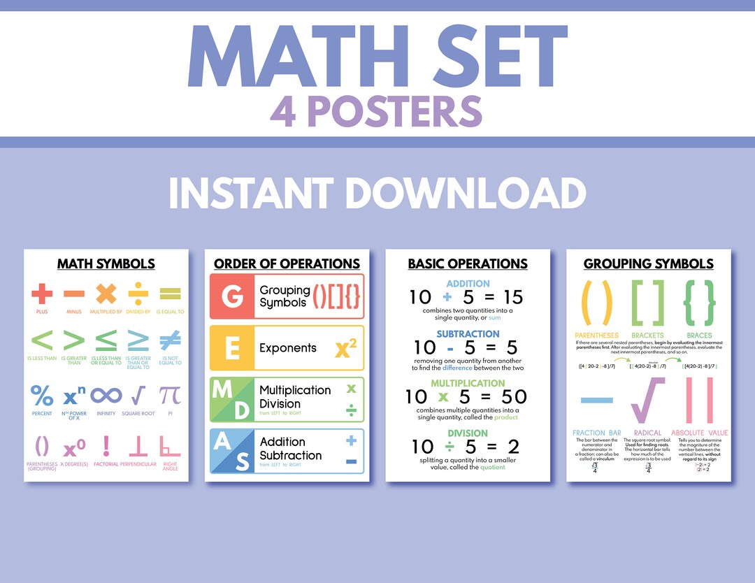 MATH BUNDLE Set of 4 Posters, Math Symbols GEMDAS Basic Operations ...