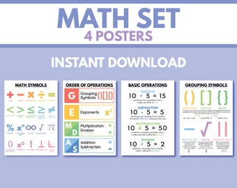 MATH BUNDLE - Set of 4 Posters, Math Symbols + GEMDAS + Basic ...