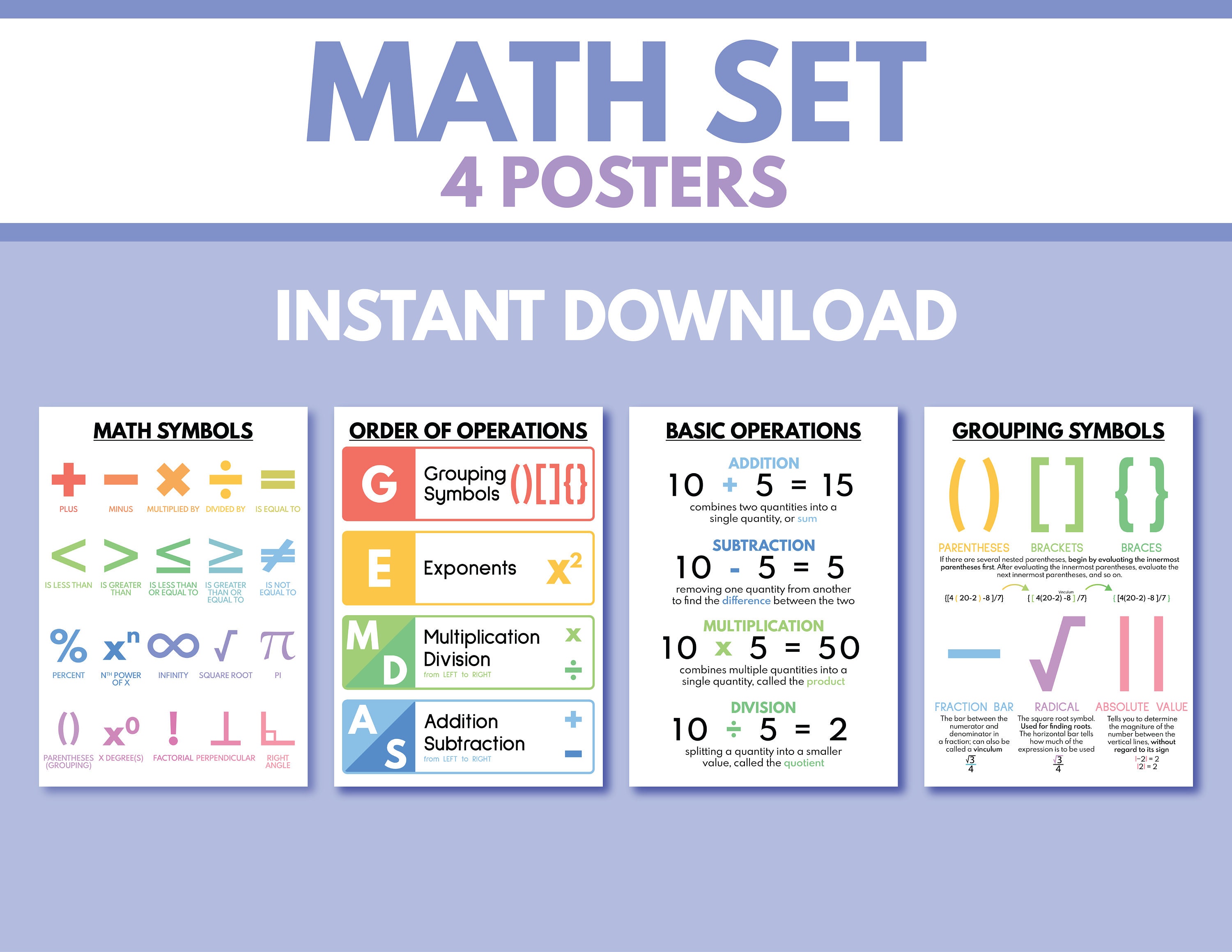 MATH BUNDLE Set of 4 Posters Math Symbols GEMDAS Basic - Etsy