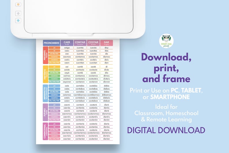 Spanish Language, 24 IRREGULAR VERBS - Set of 6 Posters, Conjugation ...