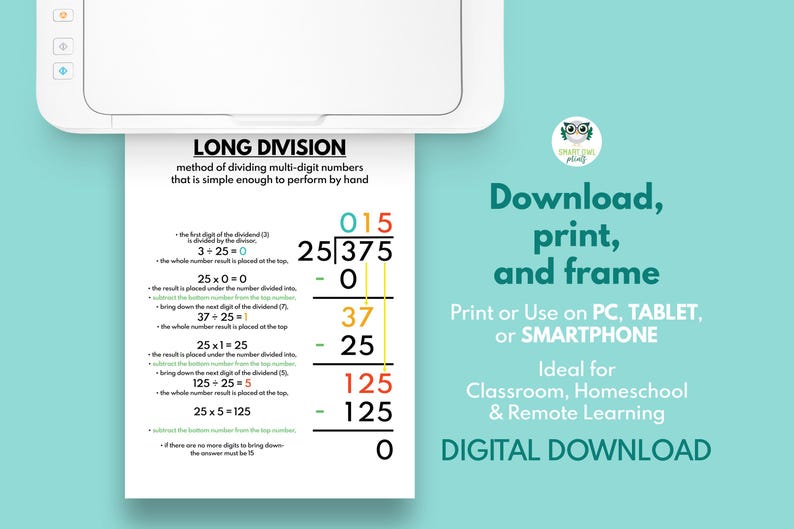 LONG DIVISION Poster, Print, Educational Poster for Kids, Math, Rainbow ...