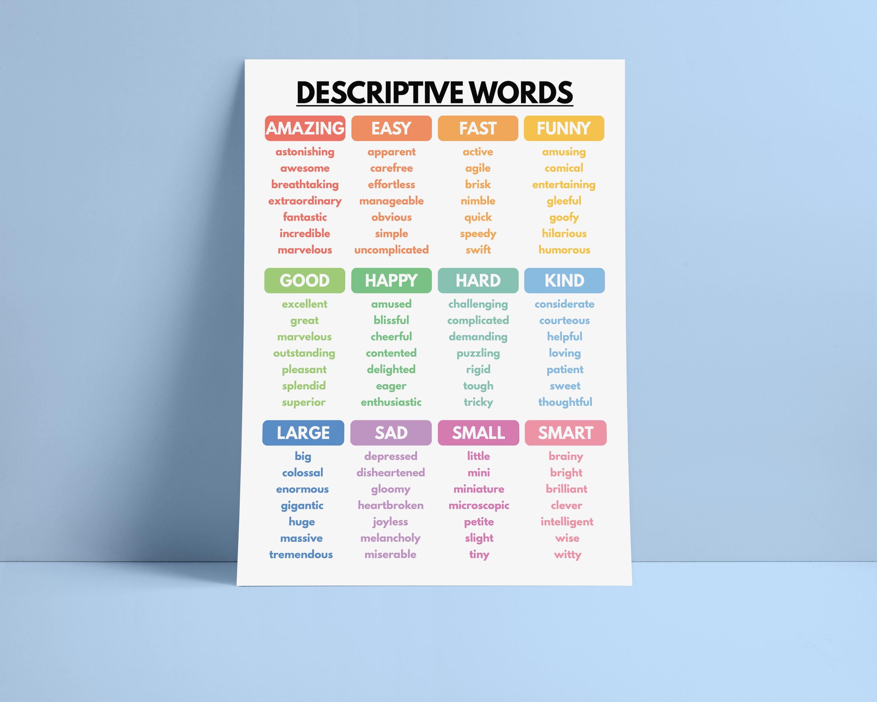 DESCRIPTIVE WORDS POSTER, Grammar Chart for Homeschool, English ...