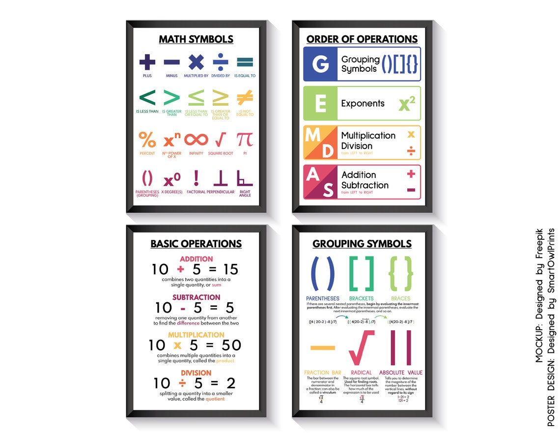 MATH BUNDLE - Set of 4 Posters, Math Symbols + GEMDAS + Basic ...