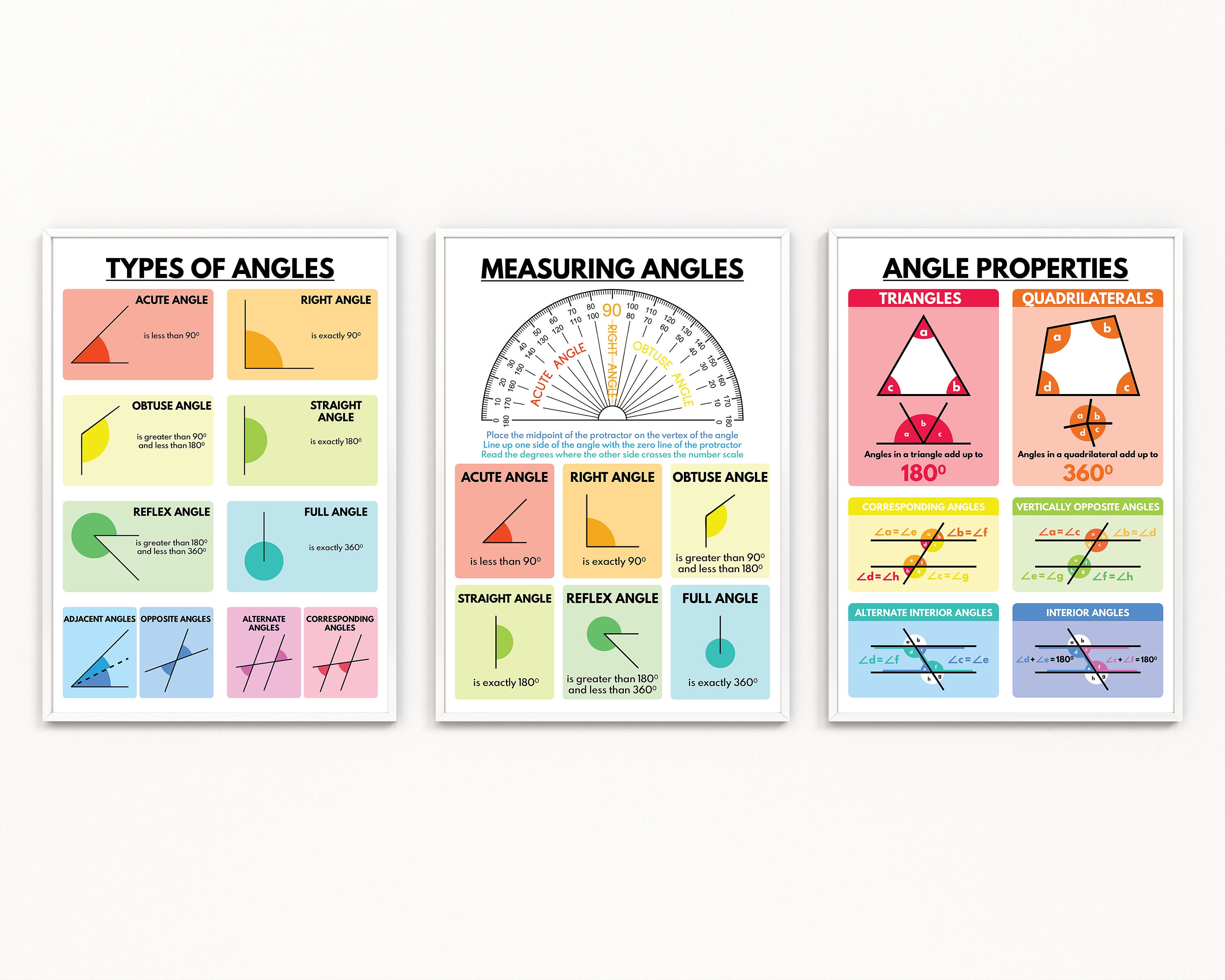 ANGLES POSTERS SET, Types of Angles, Measuring Angles, Properties ...