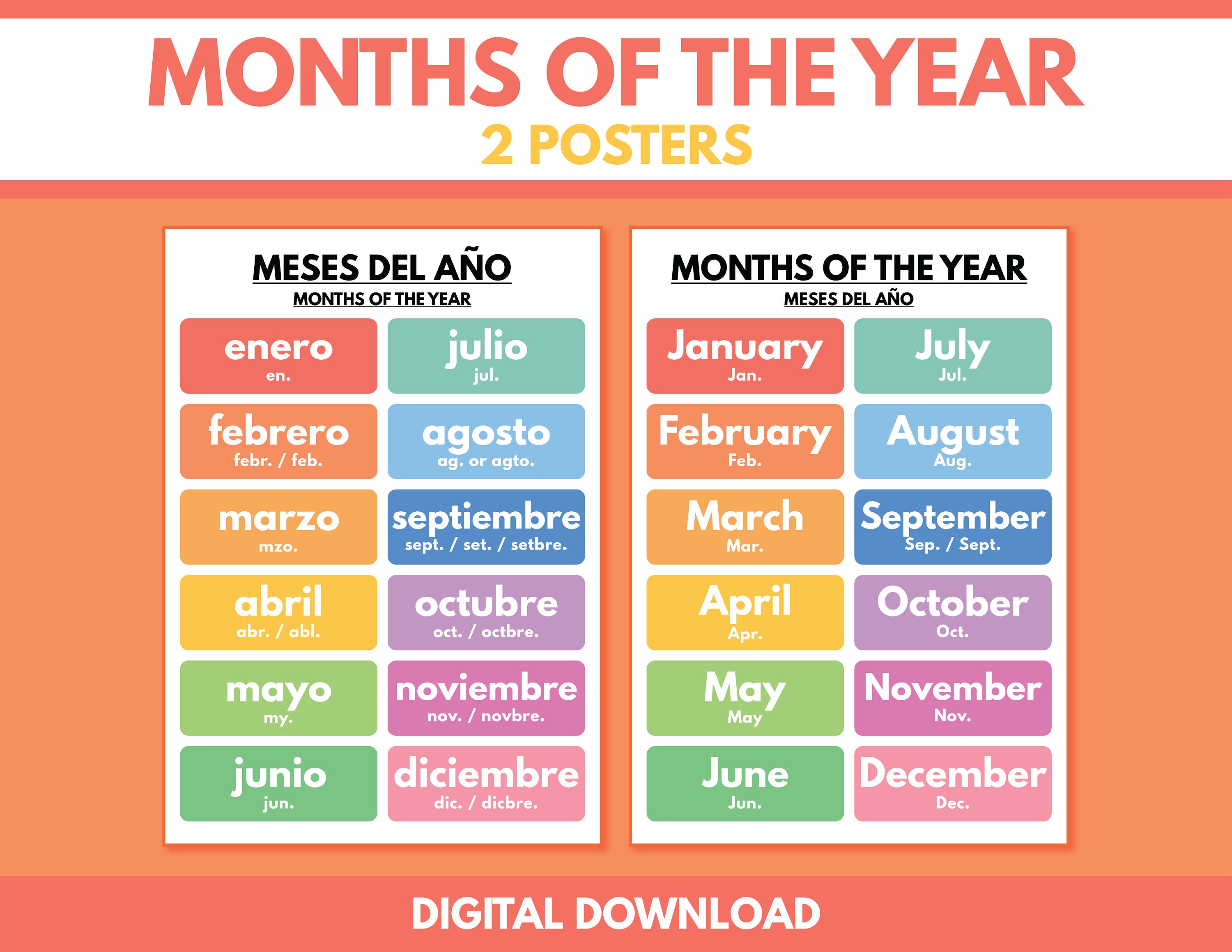 Spanish Language, MONTHS of THE YEAR - Set of 2 Posters, Spanish ...