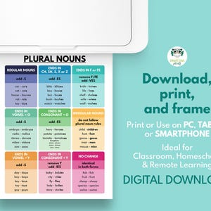 PLURAL NOUNS POSTER, Grammar Anchor Chart for Homeschool, Classroom ...