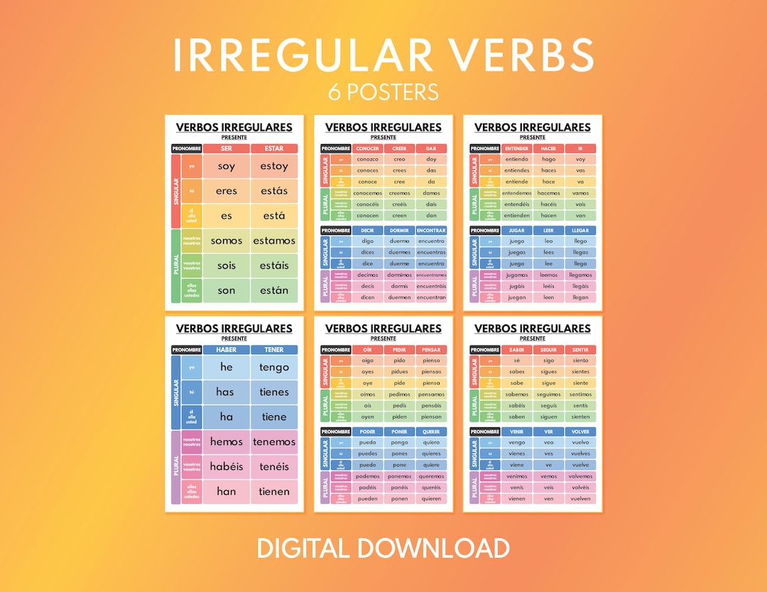 Spanish Language, IRREGULAR VERBS, Verb Conjugation, Grammar Chart ...
