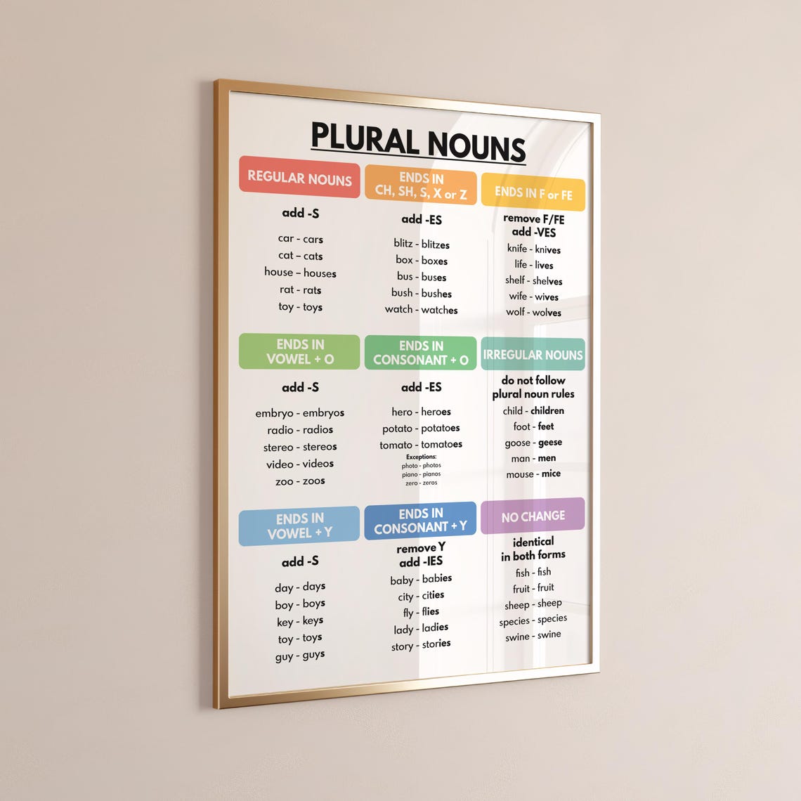 PLURAL NOUNS POSTER, Grammar Chart for Homeschool, Classroom Wall Decor ...