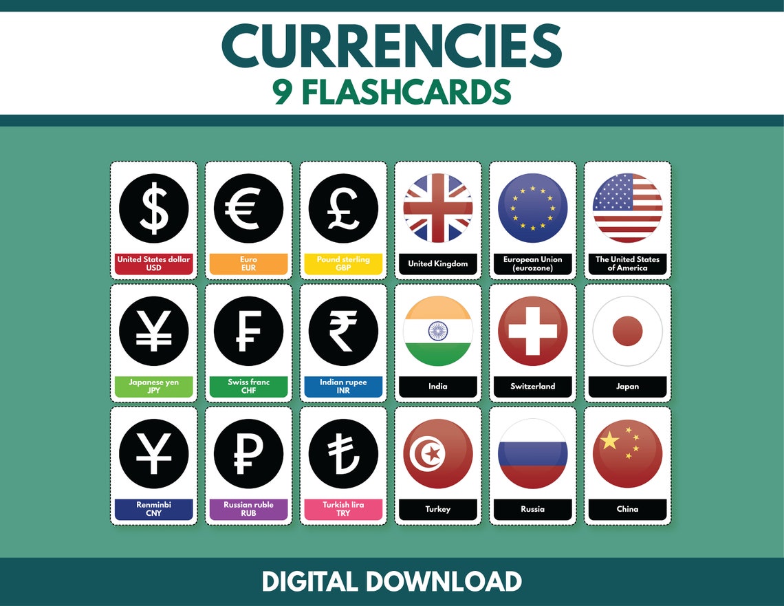 Two-sided CURRENCY SYMBOLS FLASHCARDS for Kids, Currency Symbols, Learn ...